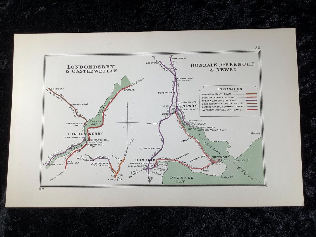 1928 Railway Map Londonderry & Castlewellan Dundalk Greenore Newry ...