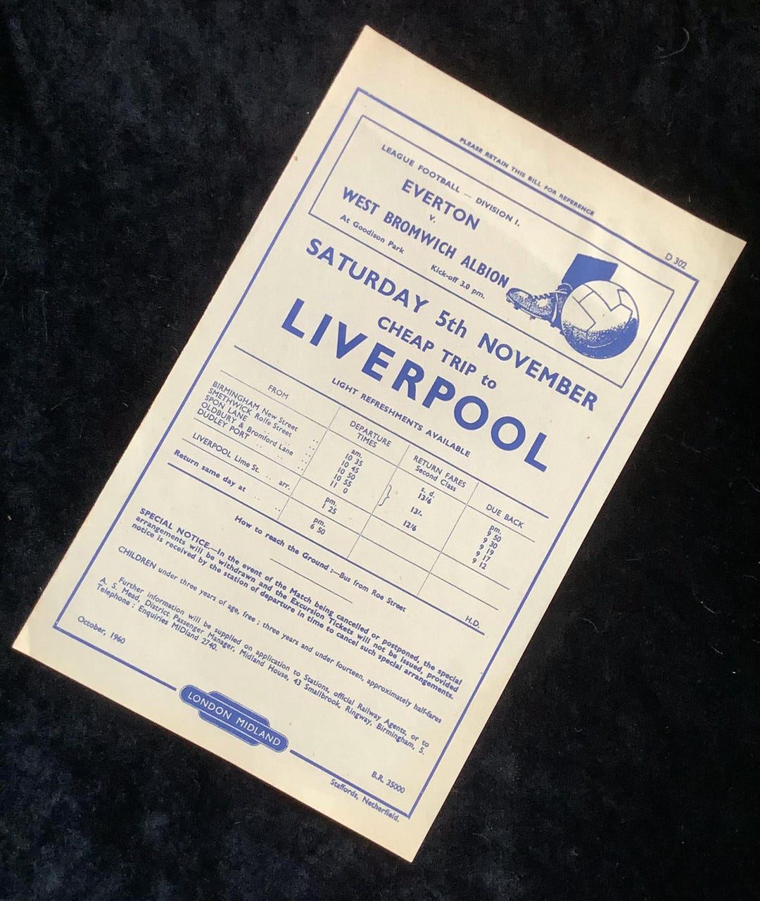 Original British Railways Handbill 1960 Everton V West Bromwich Albion ...