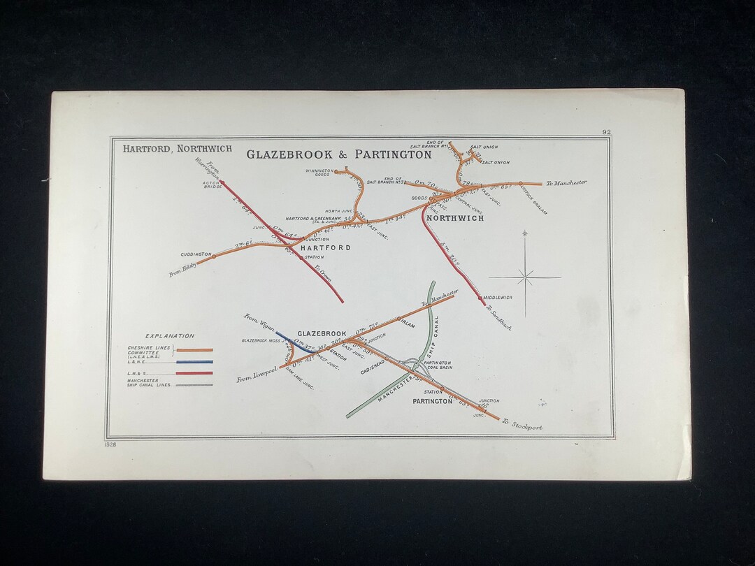 1928 Railway Map Hartford Northwich Glazebrook & Partington Junction ...