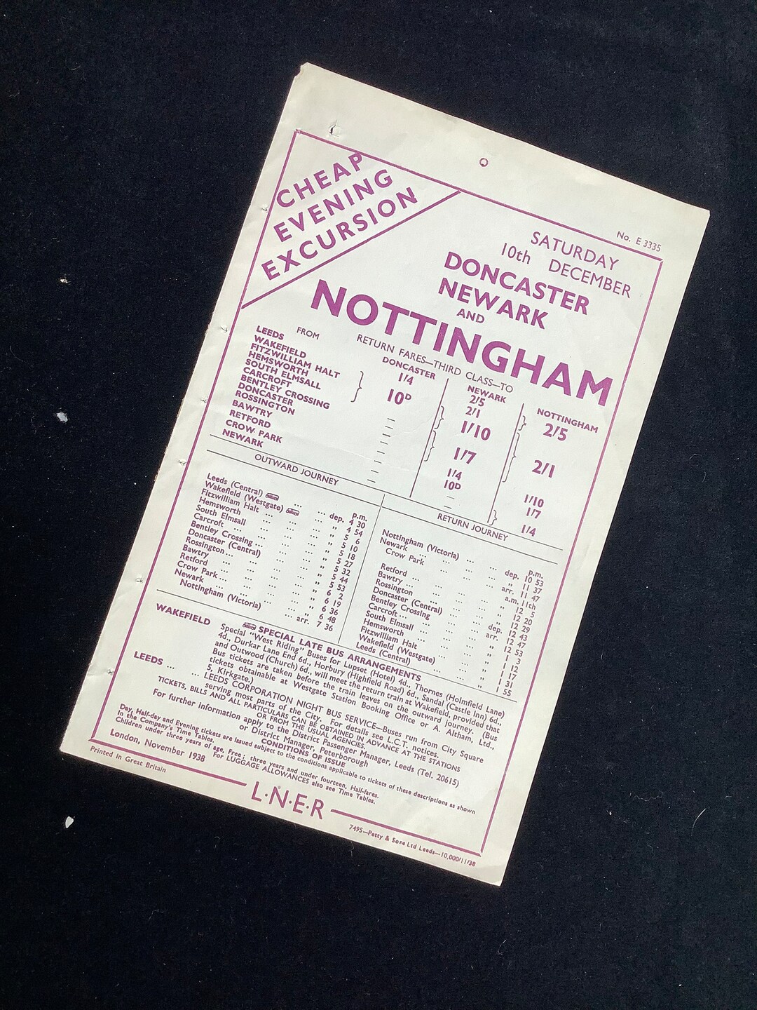 Original LNER Railways Handbill 1938 Leeds Wakefield Hemsworth Carcroft ...