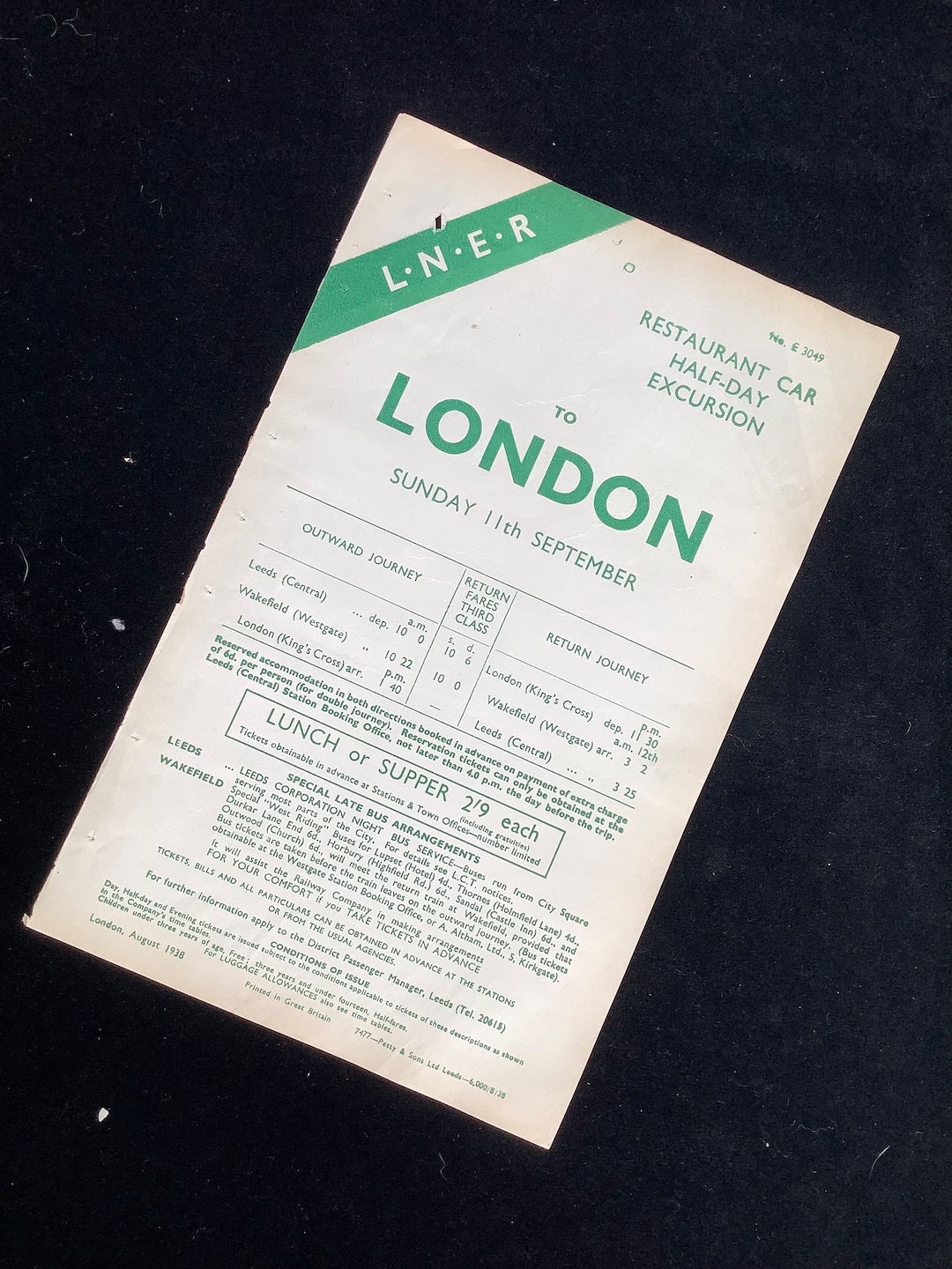 Original LNER Railways Handbill 1938 Leeds Central Wakefield to London ...