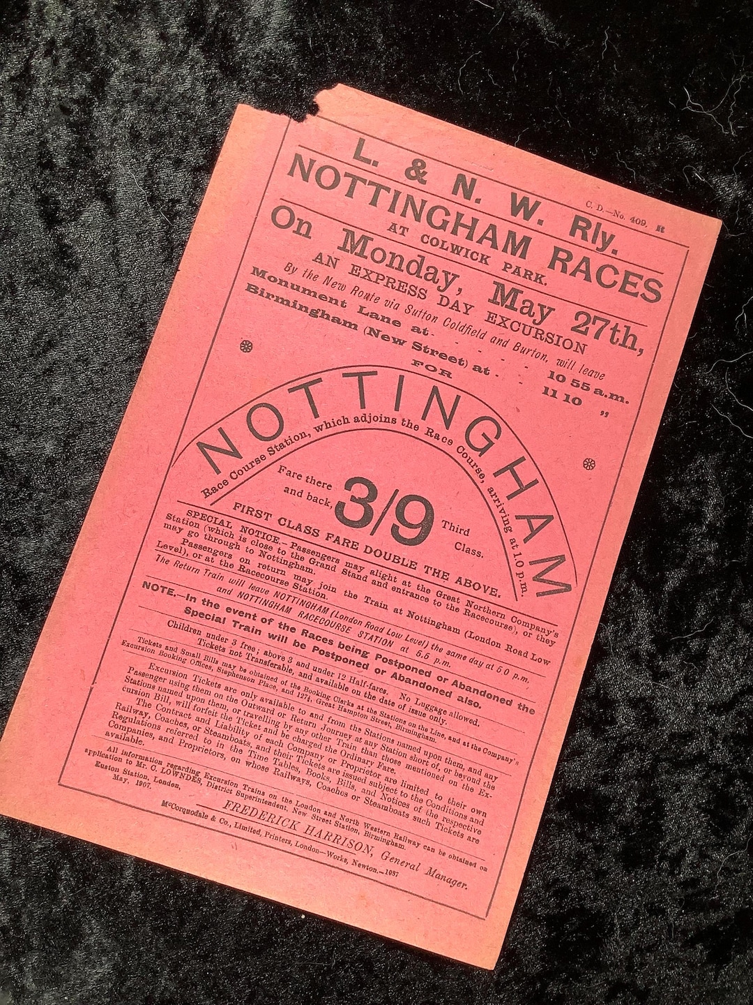 Original LNWR Railways Handbill 1907 Nottingham Races From Birmingham ...