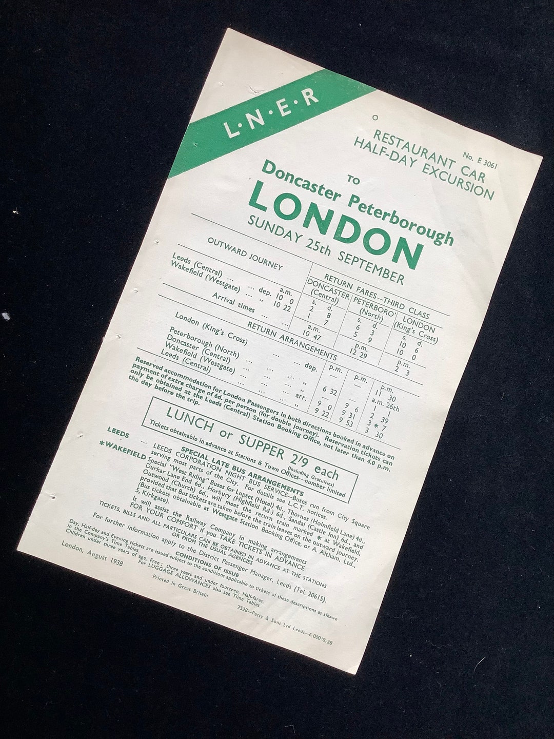 Original LNER Railways Handbill 1938 Leeds Wakefield Doncaster ...