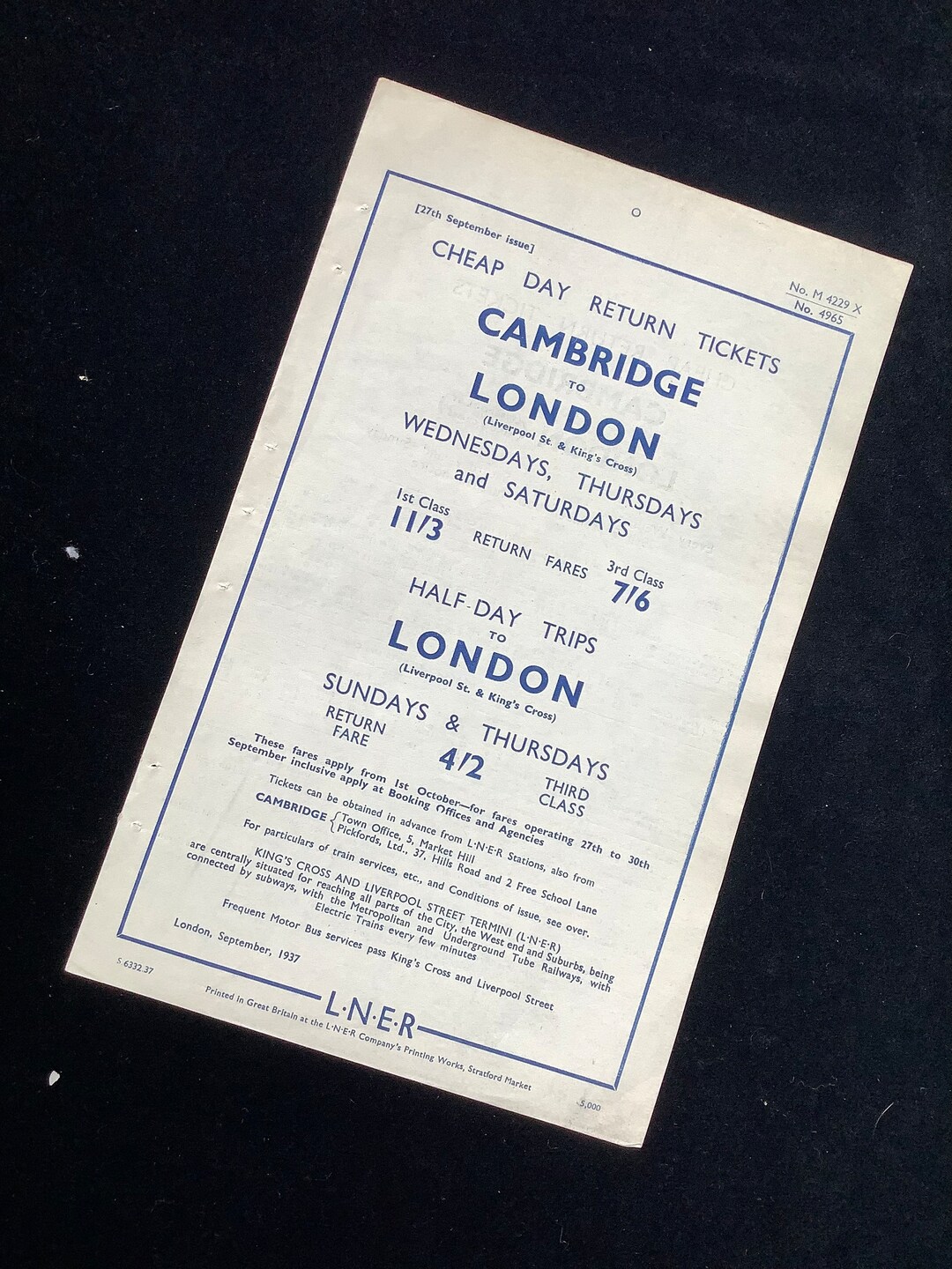 Original LNER Railways Handbill 1937 Cambridge Kings Cross Liverpool ...
