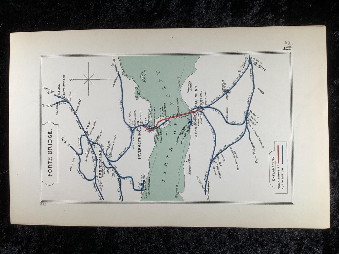 1922 Railway Map Forth Bridge Inverkeithing Dunfermline Dalmeny ...