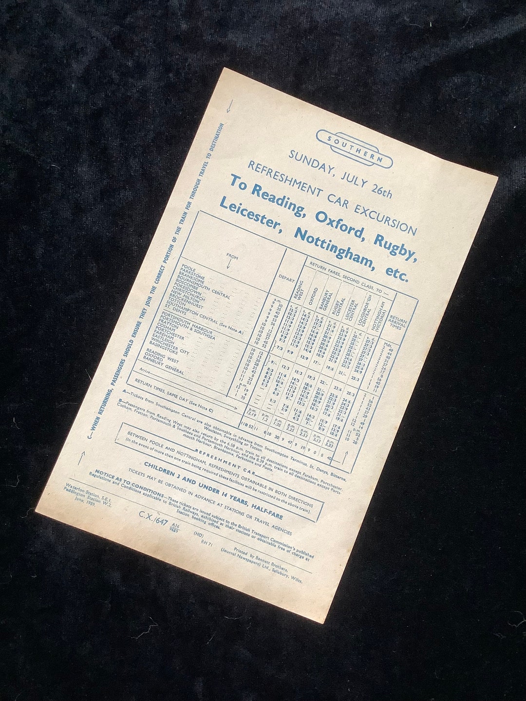 Original British Railways Handbill 1959 Reading Oxford Rugby Leicester ...