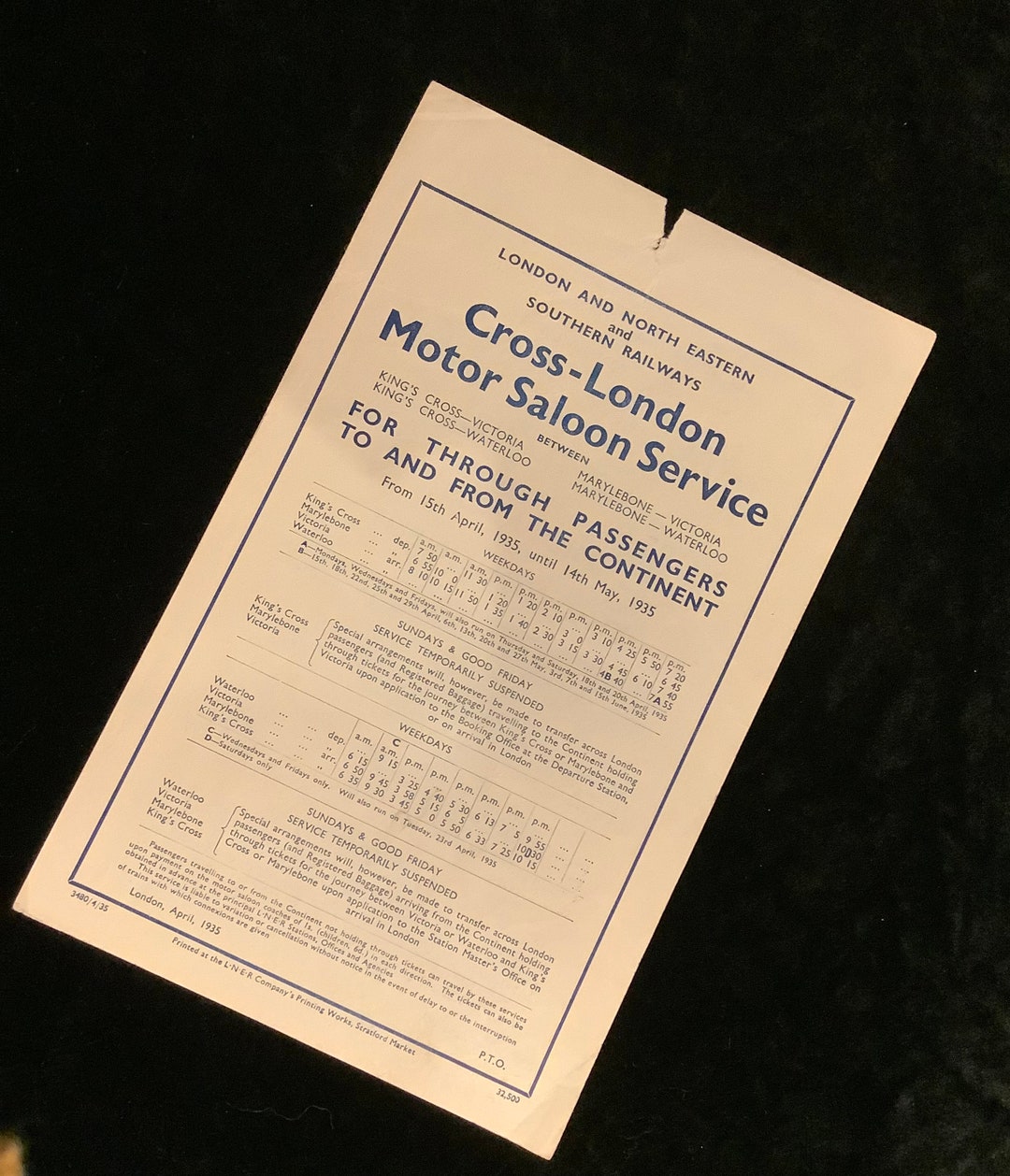 Original LNER Railways Handbill 1935 Cross London Motor Saloon ...