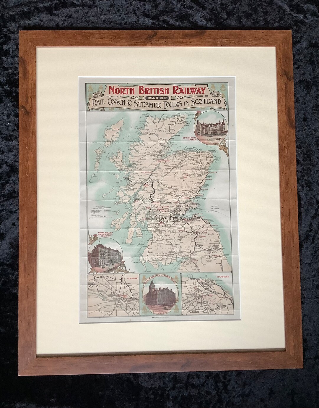 C1900 Original Map Poster North British Railway NBR Rail Coach Steamer ...