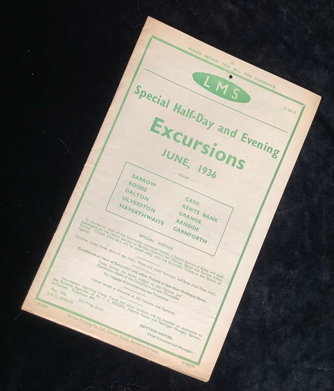 Original LMS Railway Handbill 1936 Barrow Dalton Ulverston Grange ...