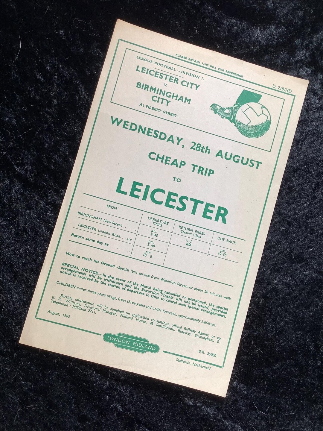 Original British Railways Handbill 1963 Football Leicester City FC V ...