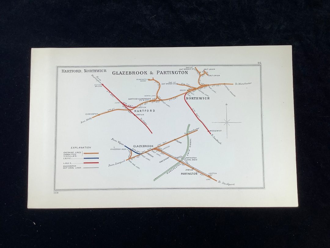 1928 Railway Map Hartford Northwich Glazebrook & Partington Junction ...