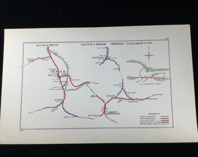 1928 Railway Map Perth Hilton Drayton Welham Marefield Ellesmere Port ...