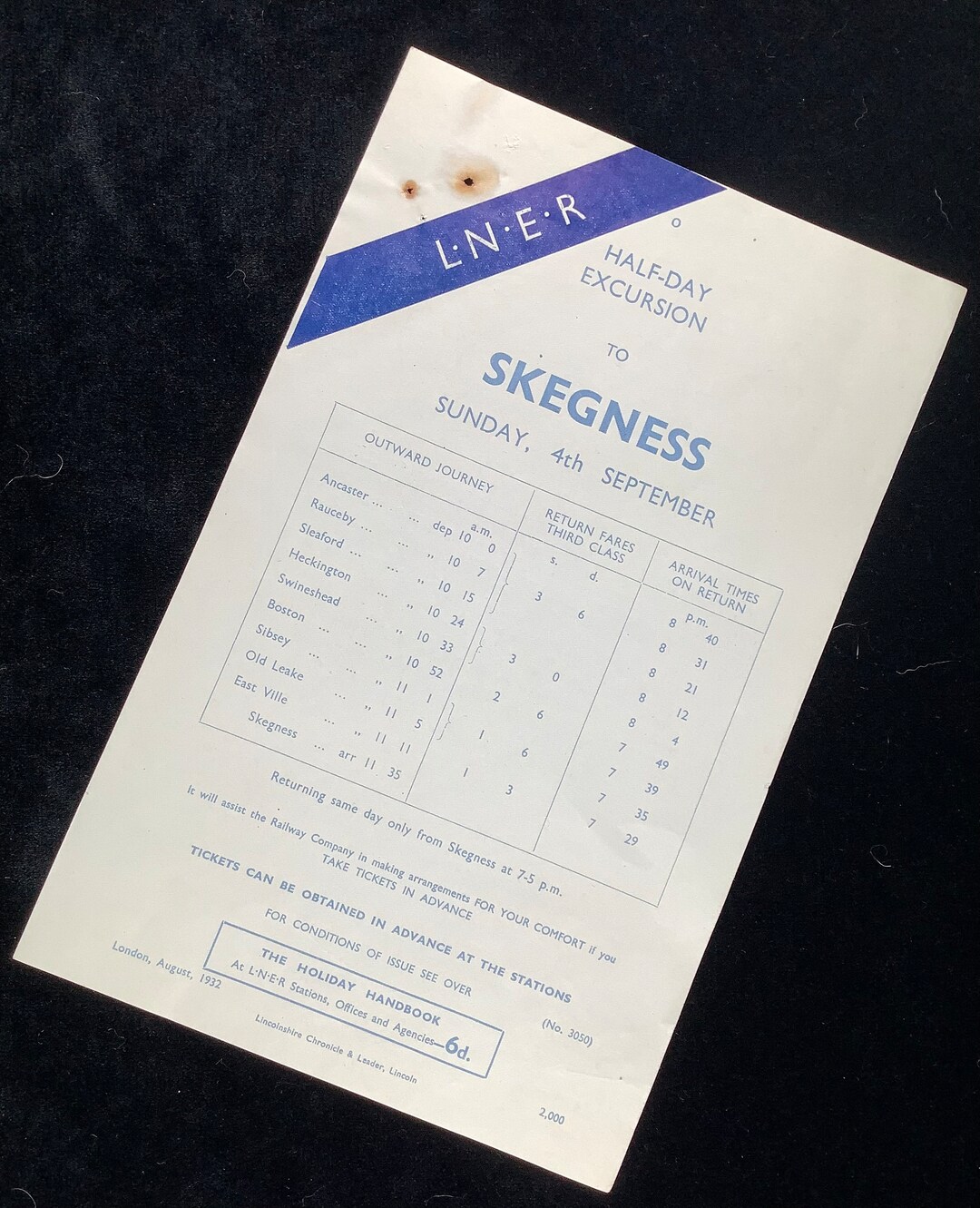 Original LNER Railways Handbill 1932 Skegness From Ancaster Rauceby ...