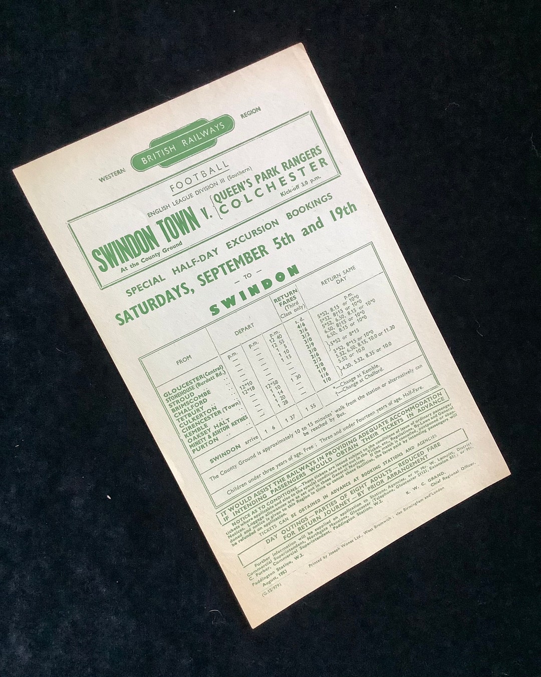 Original British Railways Handbill 1953 Football Swindon Town V QPR ...