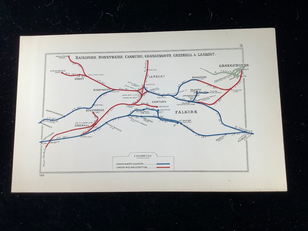 1928 Railway Map Falkirk Bainsford Bonnywater Carmuirs Grangemouth ...