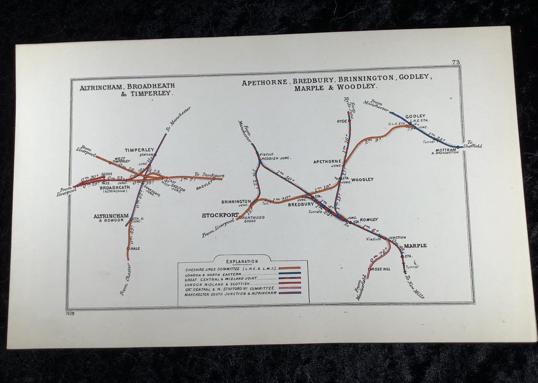 1928 Railway Map Altrincham Timperley Stockport Bredbury Marple Godley ...