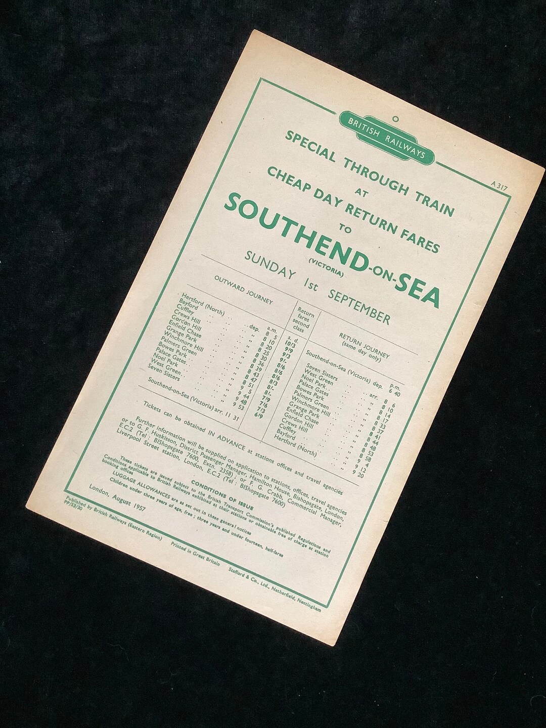Original British Railways Handbill 1957 Southend on Sea From Hertford ...