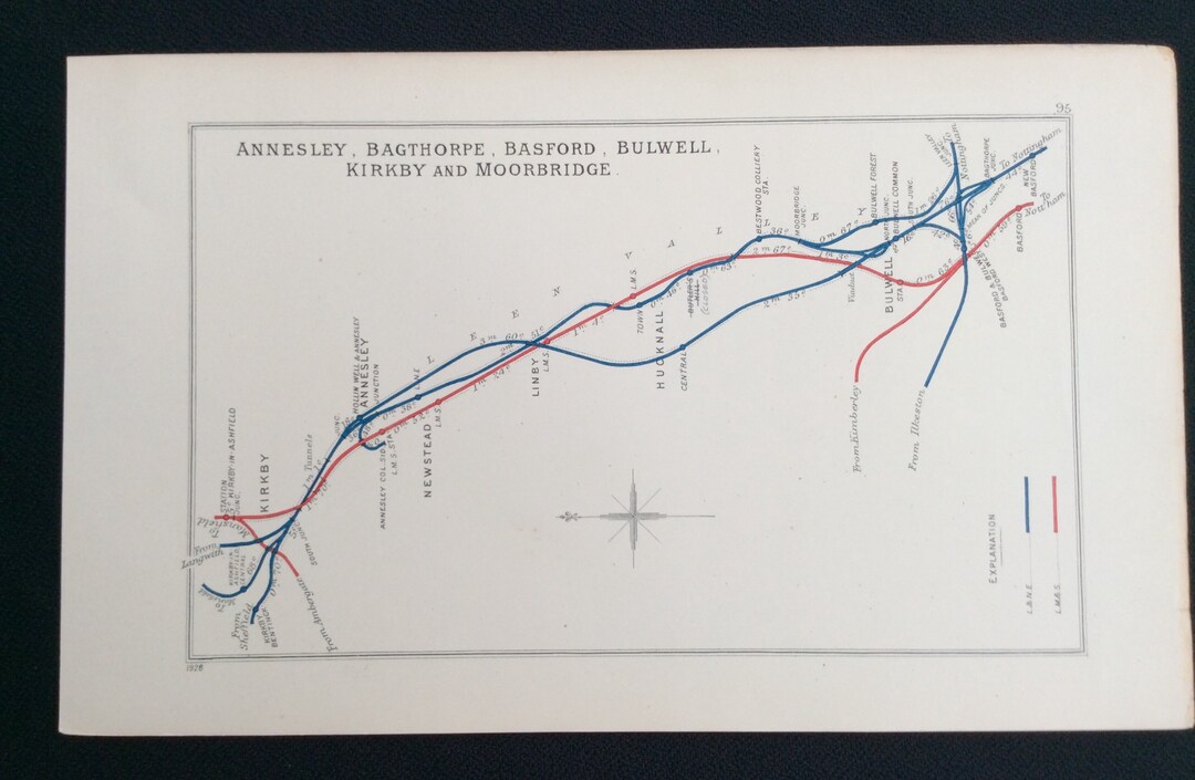 1928 Railway Map Annesley Bagthorpe Basford Bulwell Kirkby Morrbridge ...