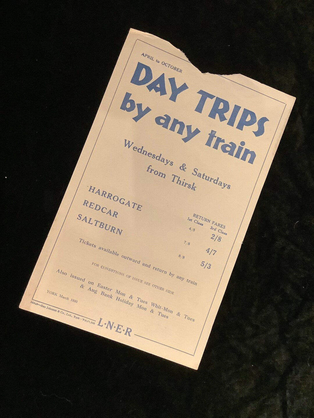 Original LNER Railways Handbill 1930 Thirsk Harrogate Redcar Saltburn ...