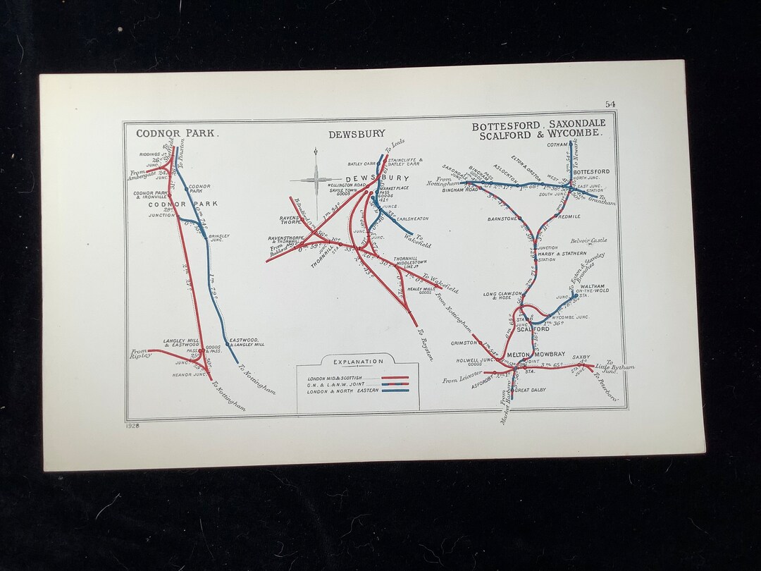 1928 Railway Map Codnor Park Dewsbury Bottesford Saxondale Scalford ...