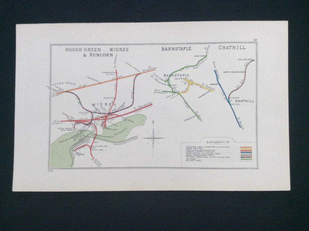 1928 Railway Map Widnes Runcorn Barnstaple Chathill No18 Junction ...