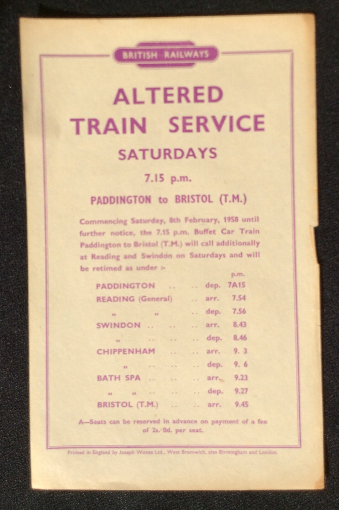 Original British Railways Handbill 1958 Reading Swindon Chippenham Bath ...