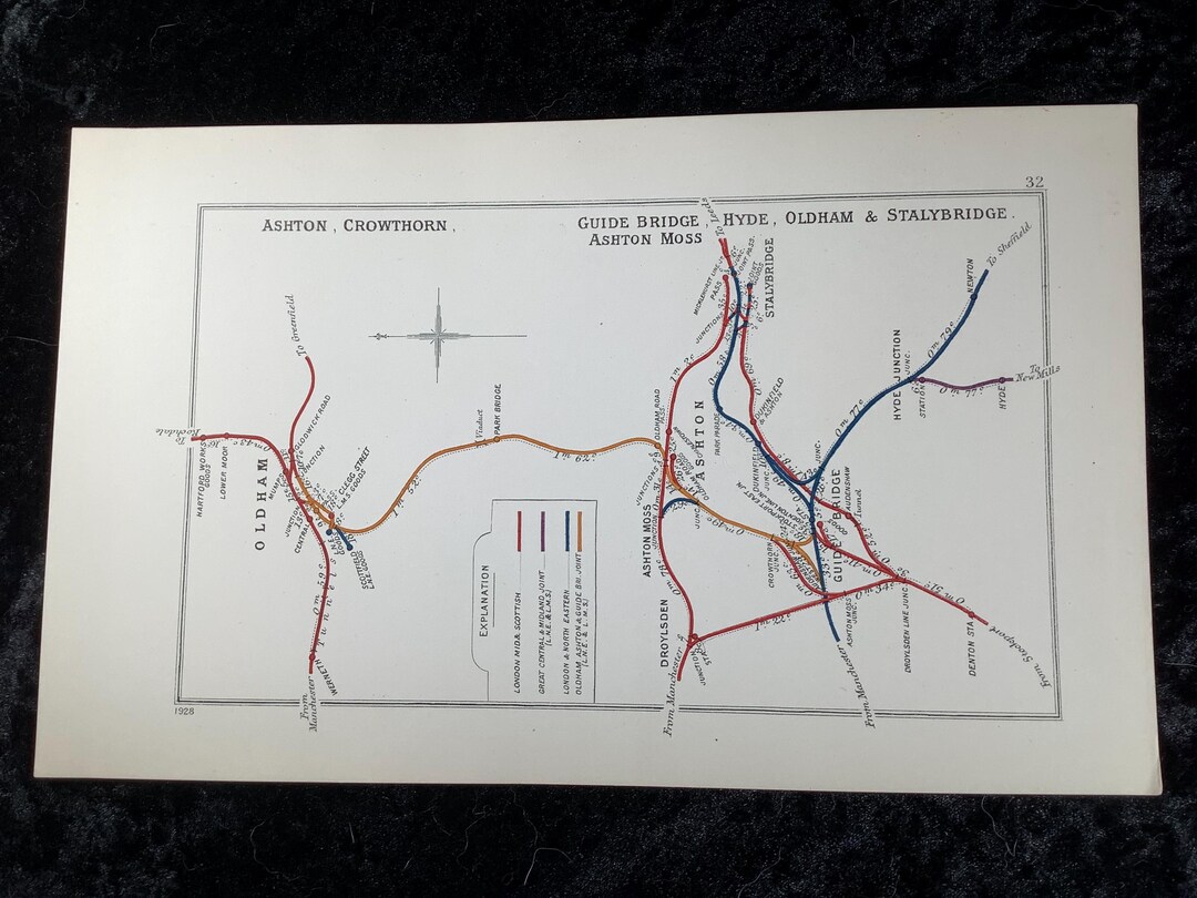 1928 Railway Map Ashton Crowthorn Guide Bridge Hyde Oldham Stalybridge ...