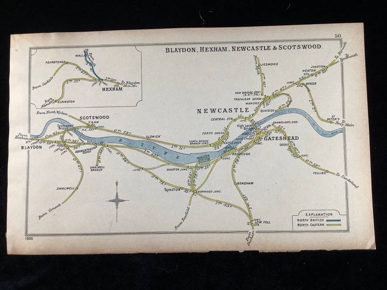 1905 Railway Map Newcastle Blaydon Hexham Scotswood Junction Diagram ...