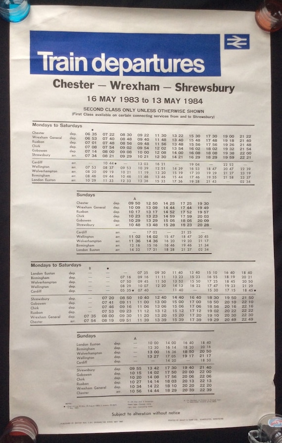 Original British Railway 1983 Timetable Poster Chester Wrexham - Etsy