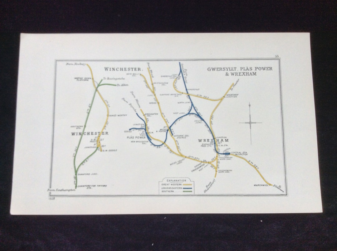 1928 Railway Map Winchester Wrexham Gwersyllt Plas Power Junction ...
