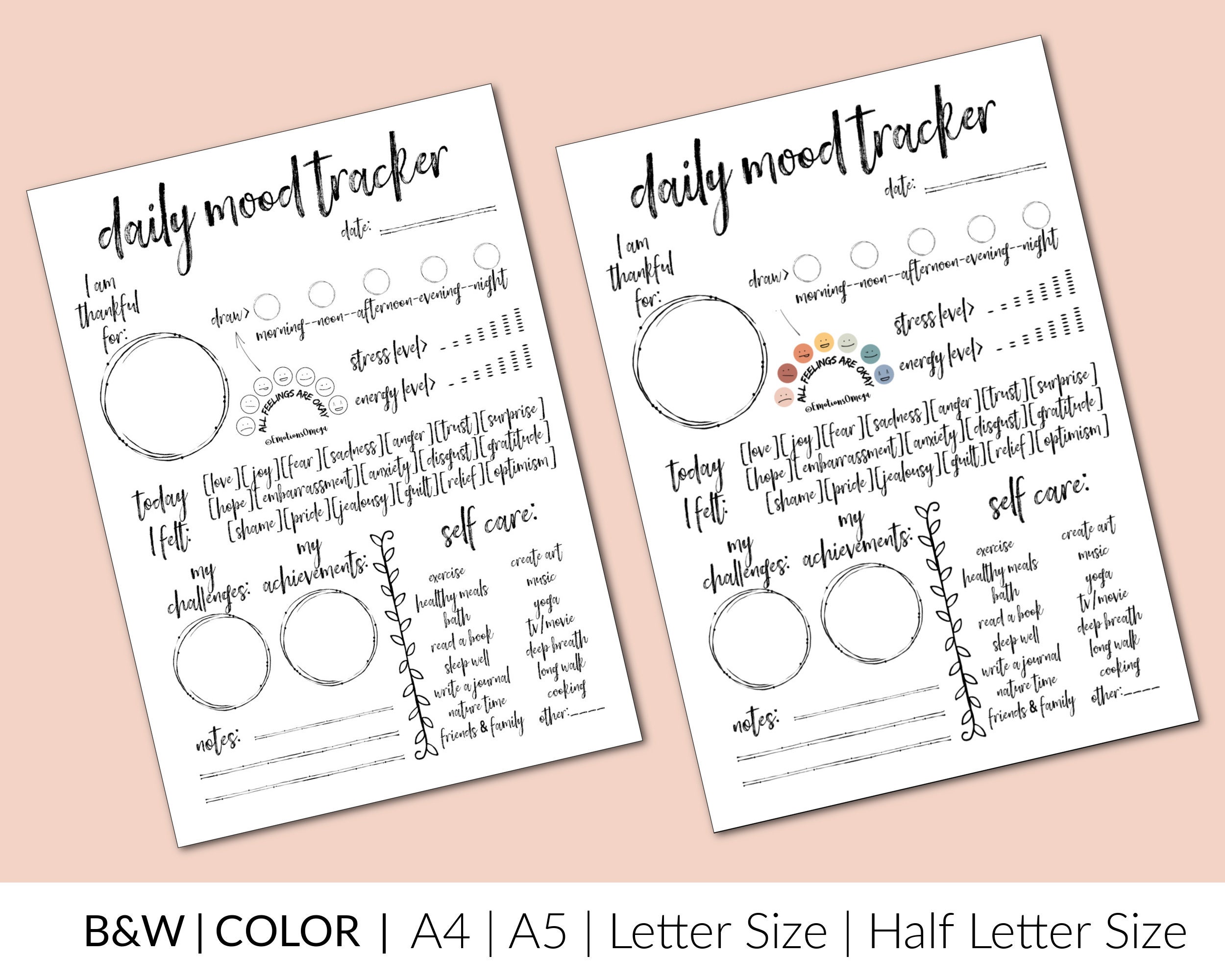Daily Mood Tracker Printable, Self Care Journal, Emotion Tracker ...
