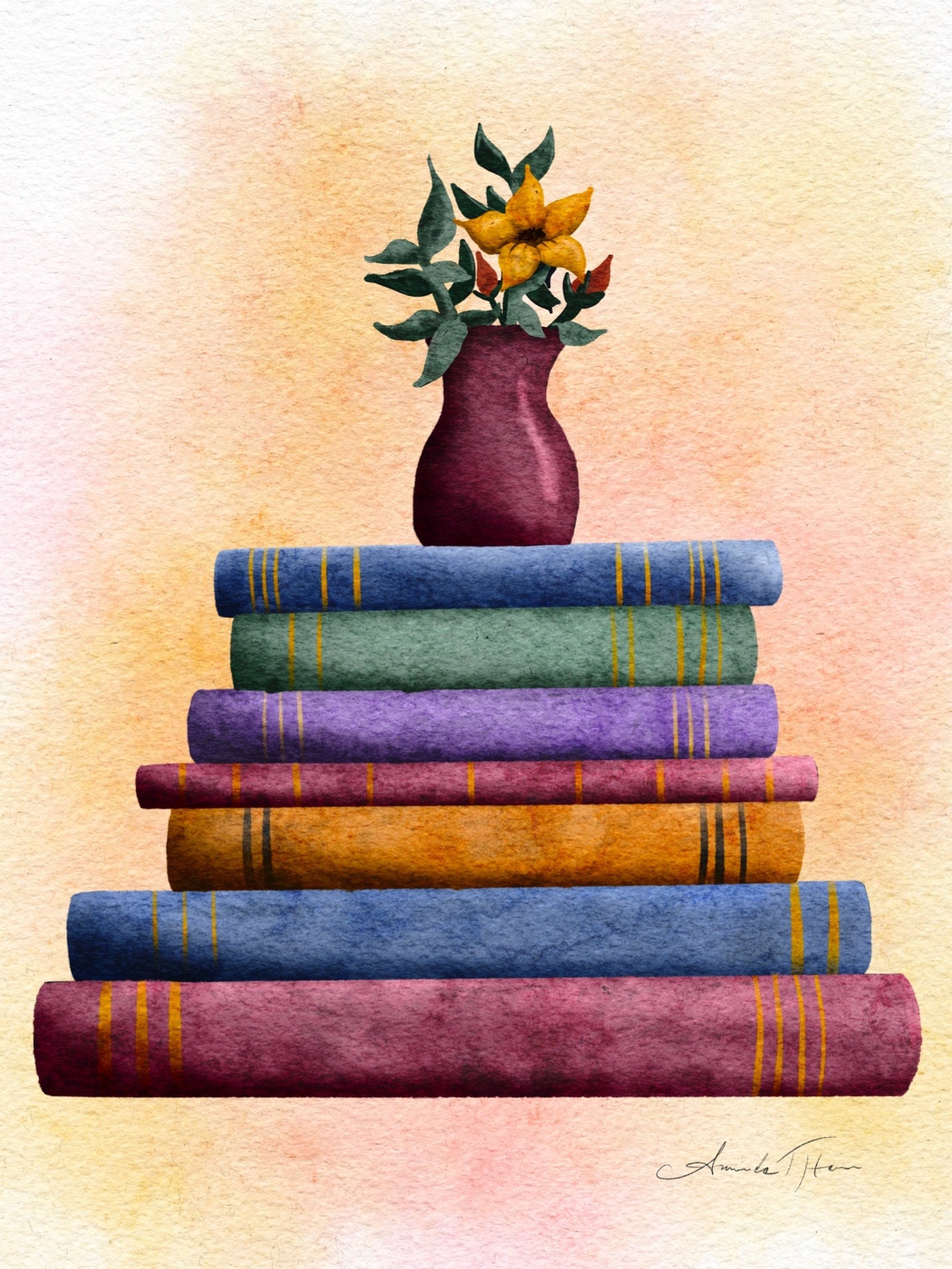 Watercolor Bookish Printable Book Stack Art Print, for Book Lovers - Etsy