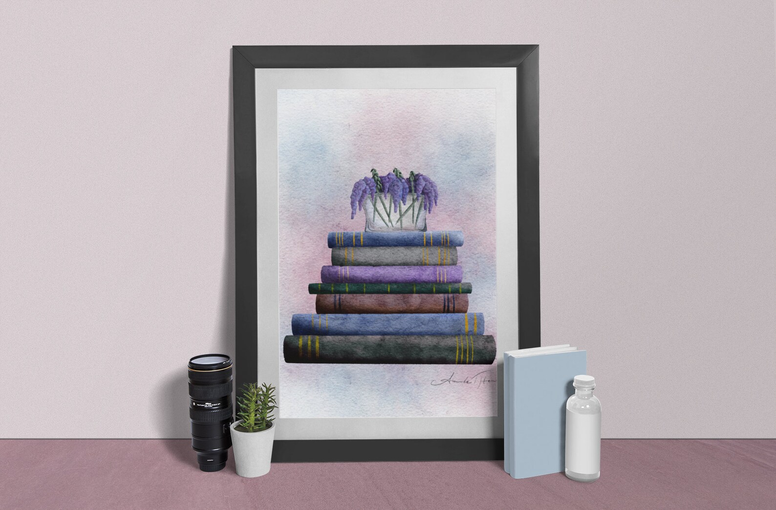 Watercolor Book Stack With Wisteria Bookish Art Print Purple Book ...