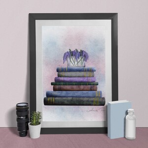 Watercolor Book Stack With Wisteria | Bookish Art Print | Purple Book ...