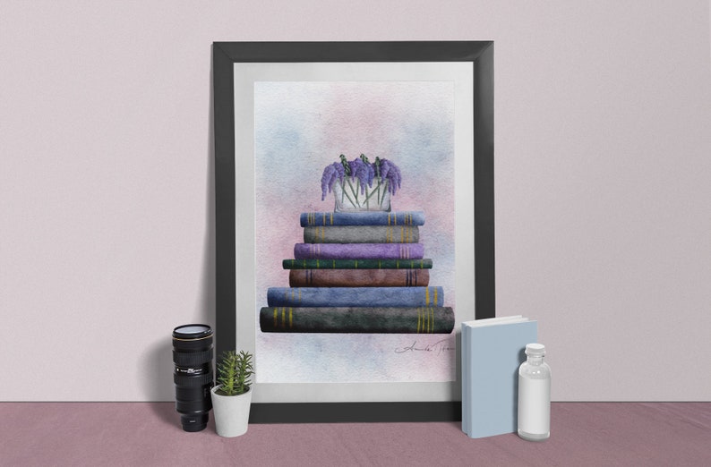 Watercolor Book Stack With Wisteria Bookish Art Print Purple Book ...