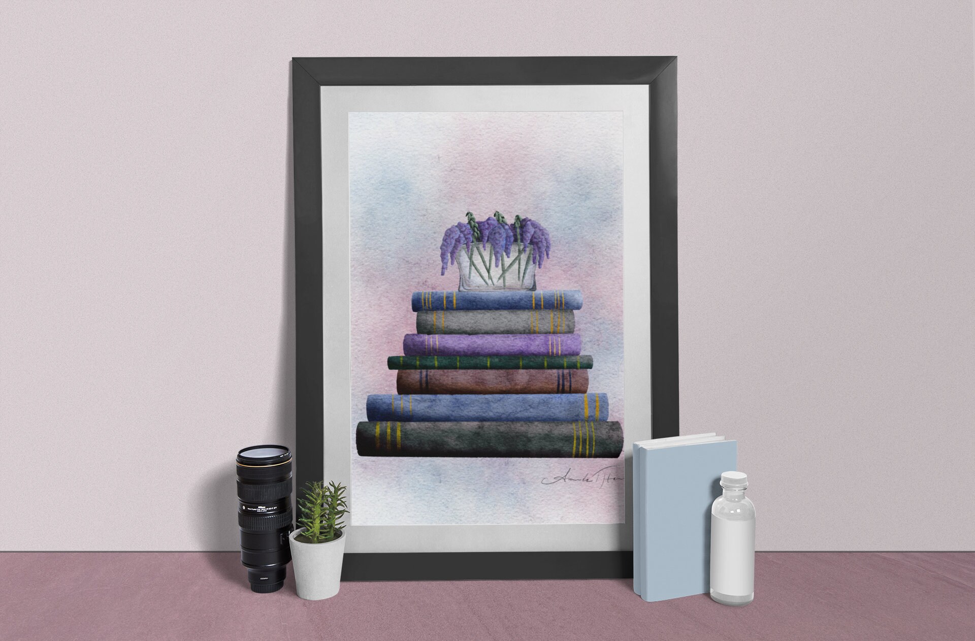 Watercolor Book Stack With Wisteria Bookish Art Print Purple Book Painting - Etsy