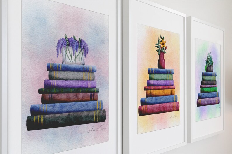 Watercolor Book Stack Art Set of 3 Bookish Art Print Set - Etsy