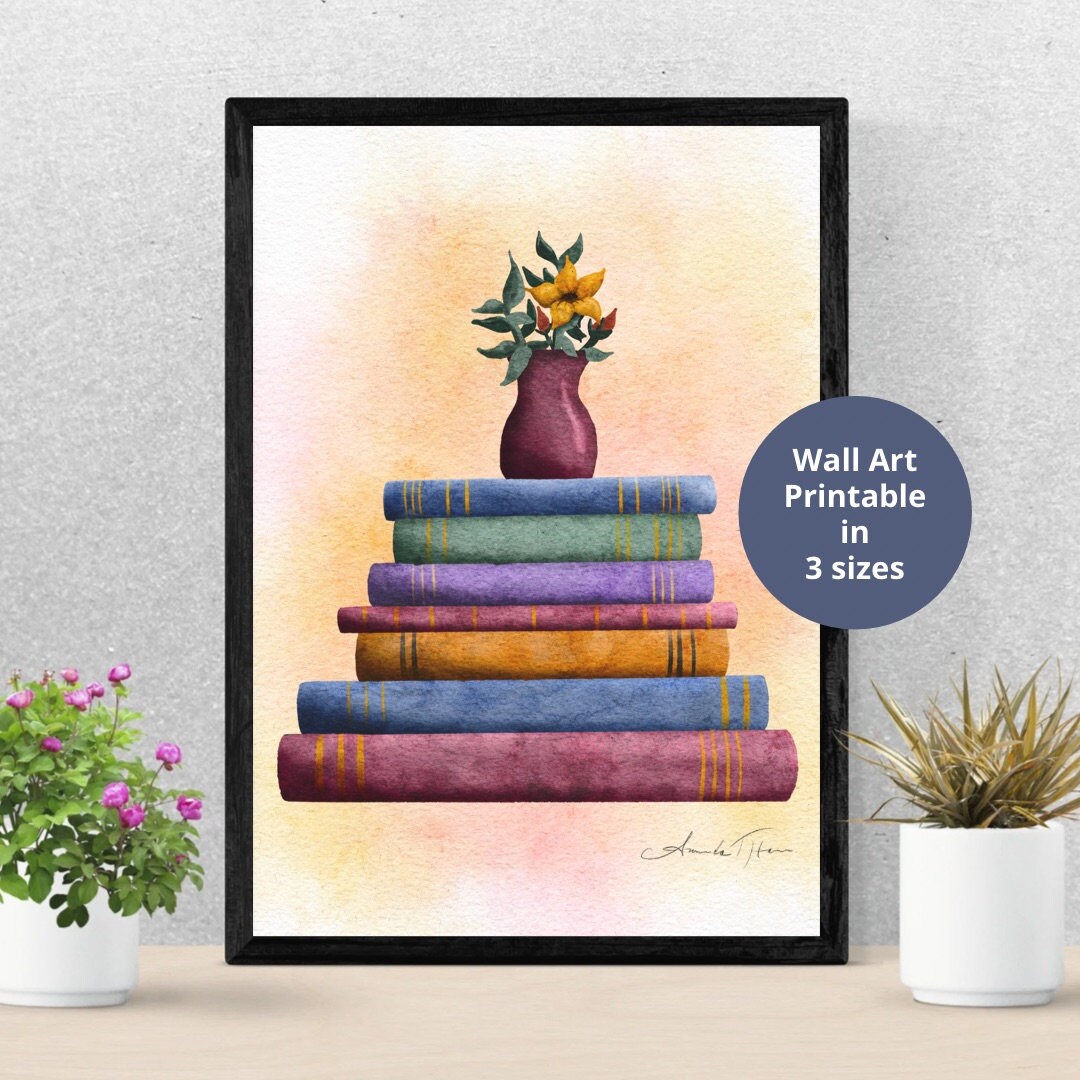 Watercolor Bookish Printable | Book Stack Art Print, for Book Lovers - Etsy
