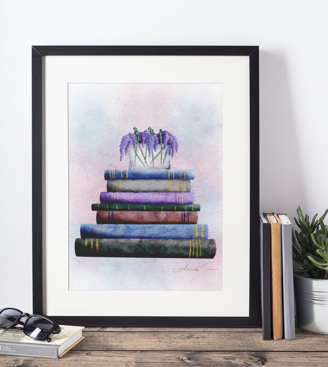 Watercolor Book Stack With Wisteria Bookish Art Print Purple Book ...