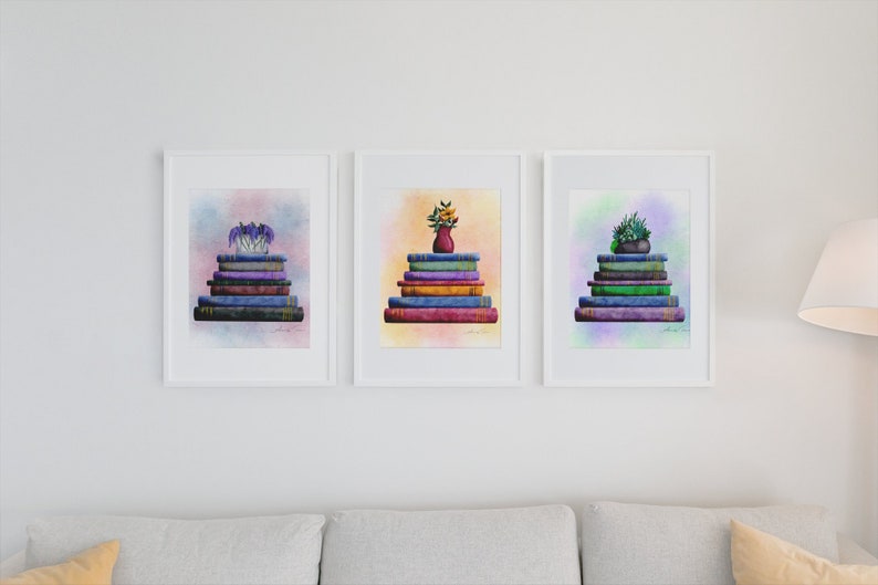 Watercolor Book Stack Art Set of 3 Bookish Art Print Set - Etsy