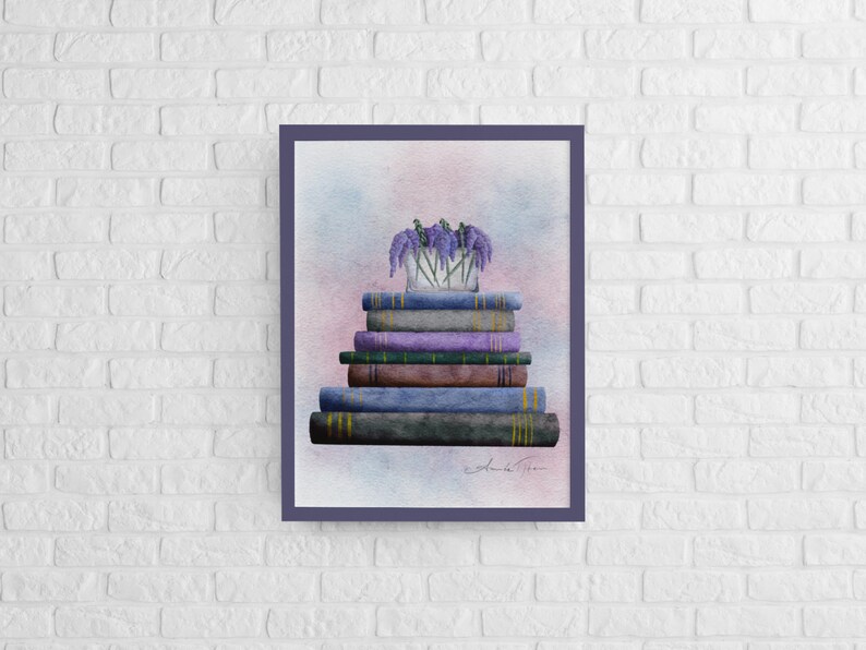 Watercolor Book Stack With Wisteria Bookish Art Print Purple Book ...