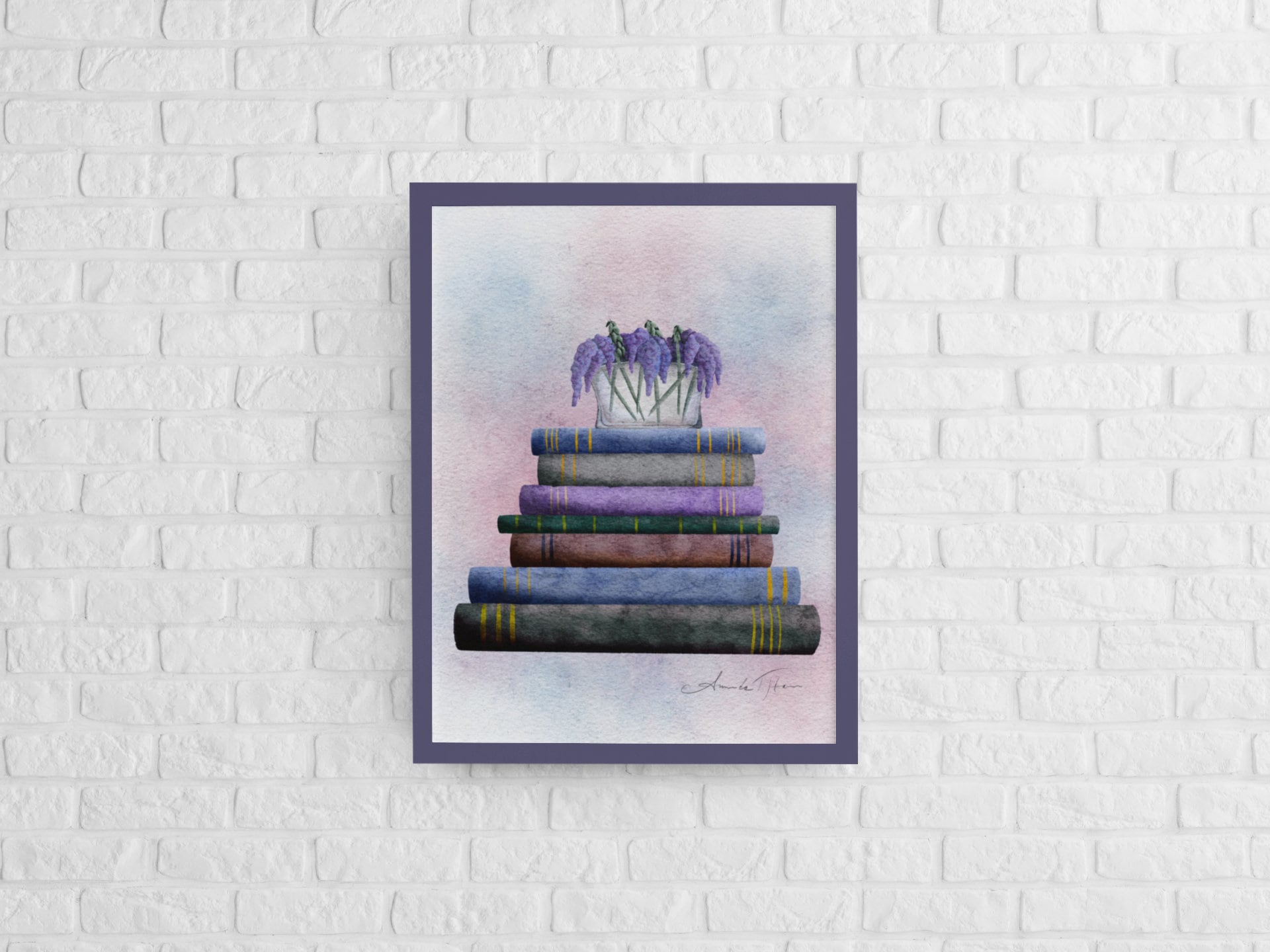 Watercolor Book Stack With Wisteria Bookish Art Print Purple Book ...
