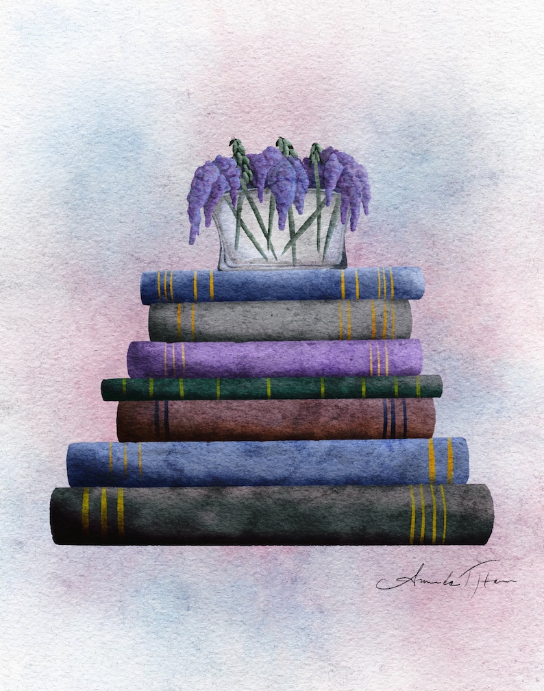 Watercolor Book Stack With Wisteria Bookish Art Print Purple Book ...