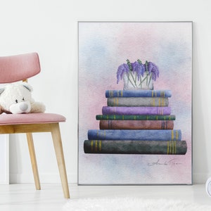 Watercolor Book Stack With Wisteria | Bookish Art Print | Purple Book ...