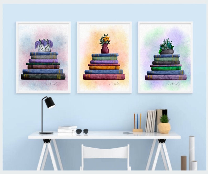 Watercolor Book Stack Art Set of 3 Bookish Art Print Set - Etsy