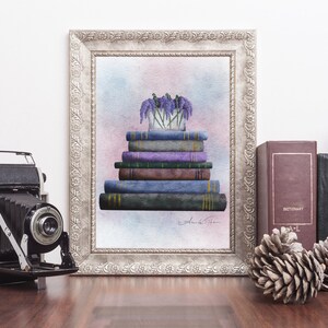 Watercolor Book Stack With Wisteria | Bookish Art Print | Purple Book ...