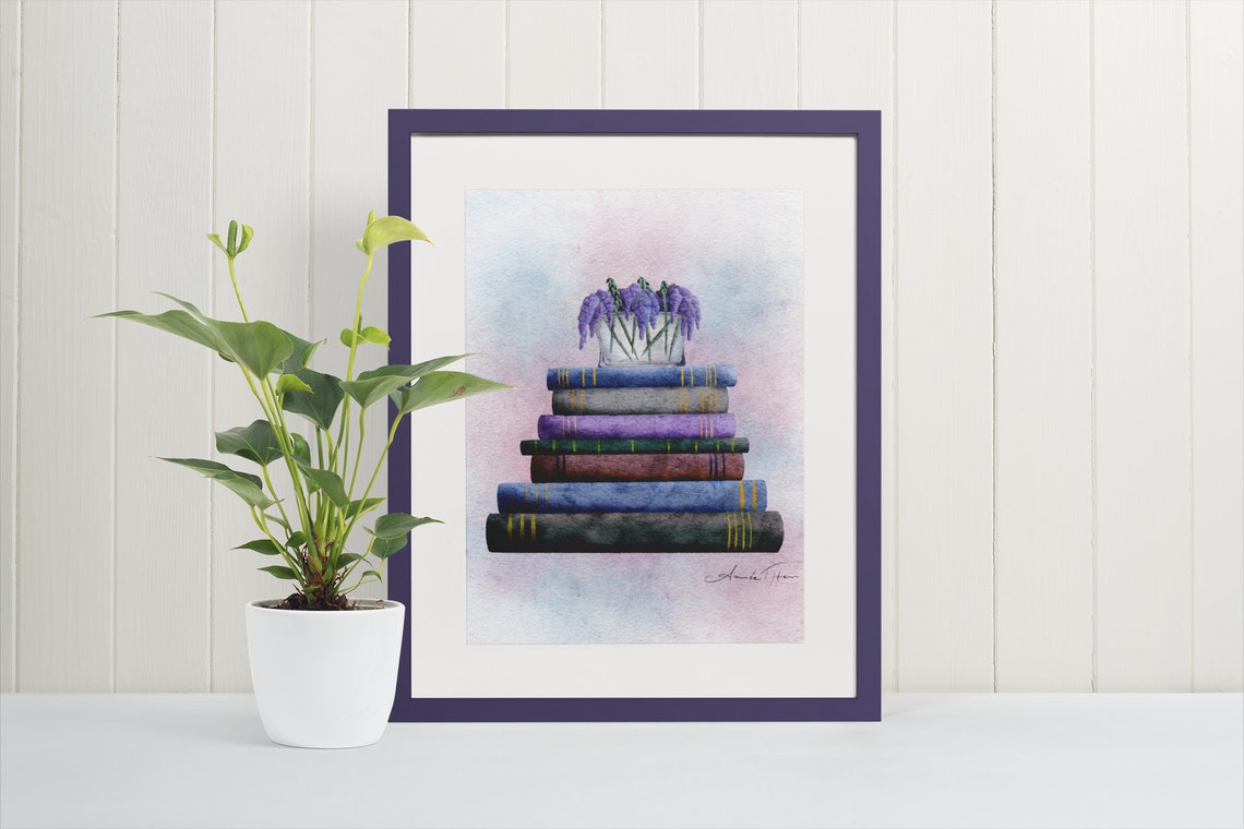 Watercolor Book Stack With Wisteria Bookish Art Print Purple Book ...
