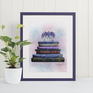 Watercolor Book Stack With Wisteria | Bookish Art Print | Purple Book ...