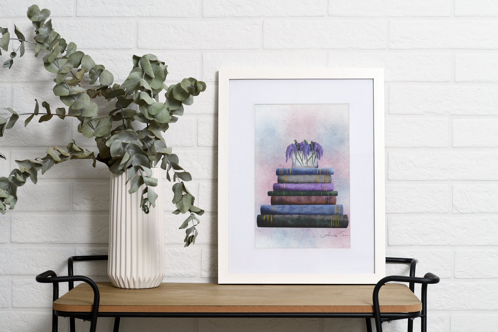 Watercolor Book Stack With Wisteria Bookish Art Print Purple Book ...