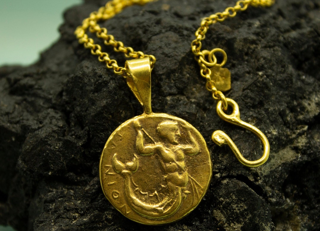 Merman Triton Coin Pendant | 925 Sterling Silver 24K Gold Plated ...
